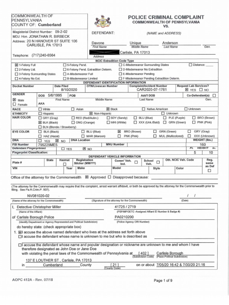 Criminal Complaint For Davone Unique Anderson | PDF