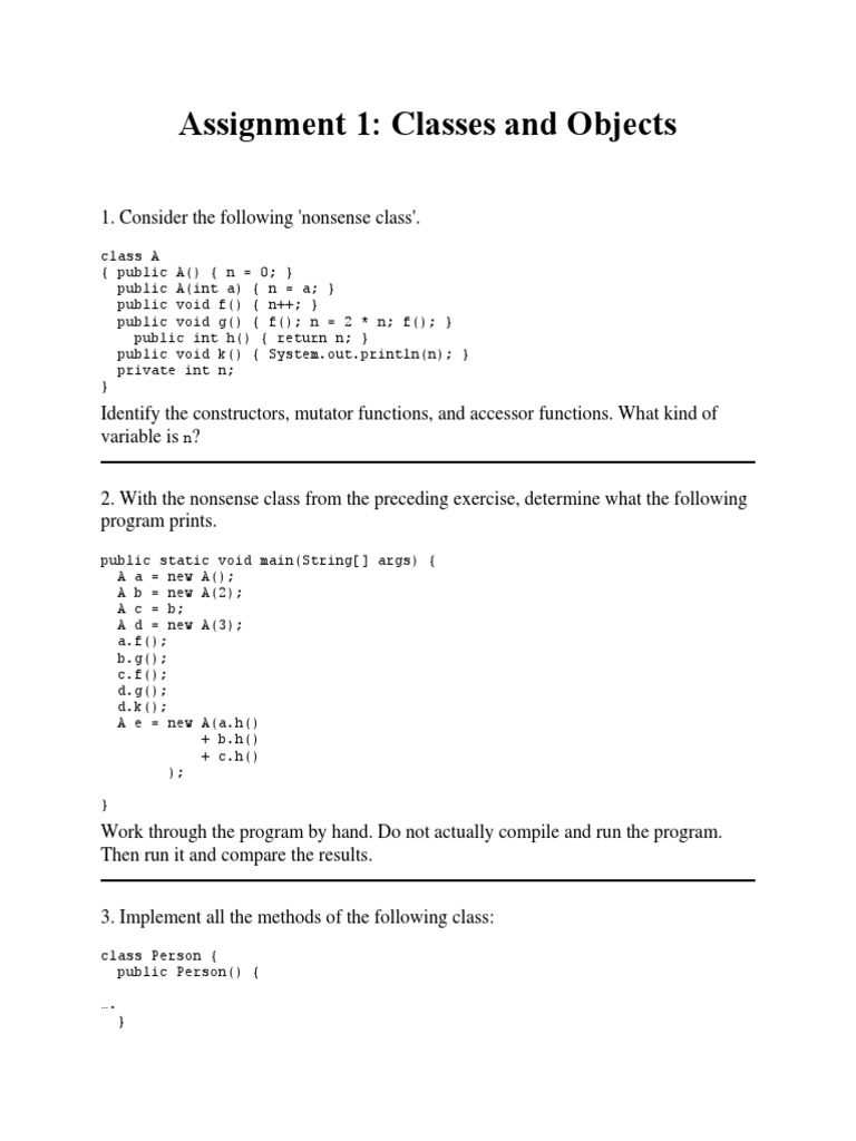 Assignment 1 Classes And Objects Pdf Constructor Object Oriented Programming Programming