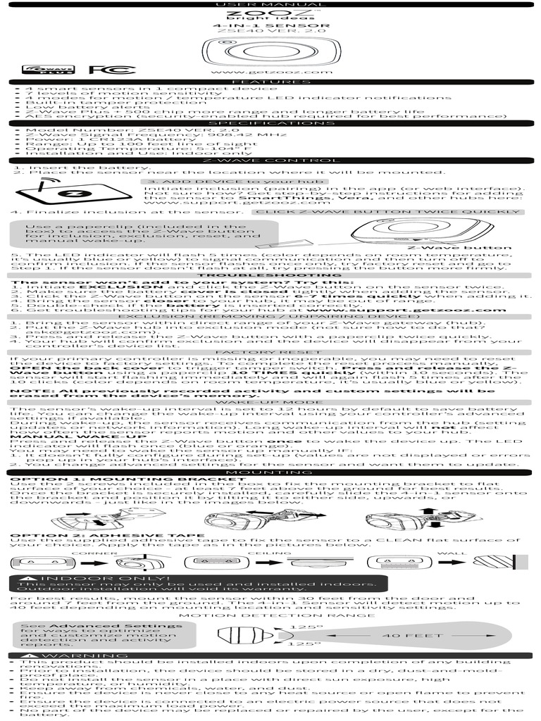 4-In-1 Sensor ZSE40 VER. 2.0: Indoor Only! | PDF | Electromagnetic ...