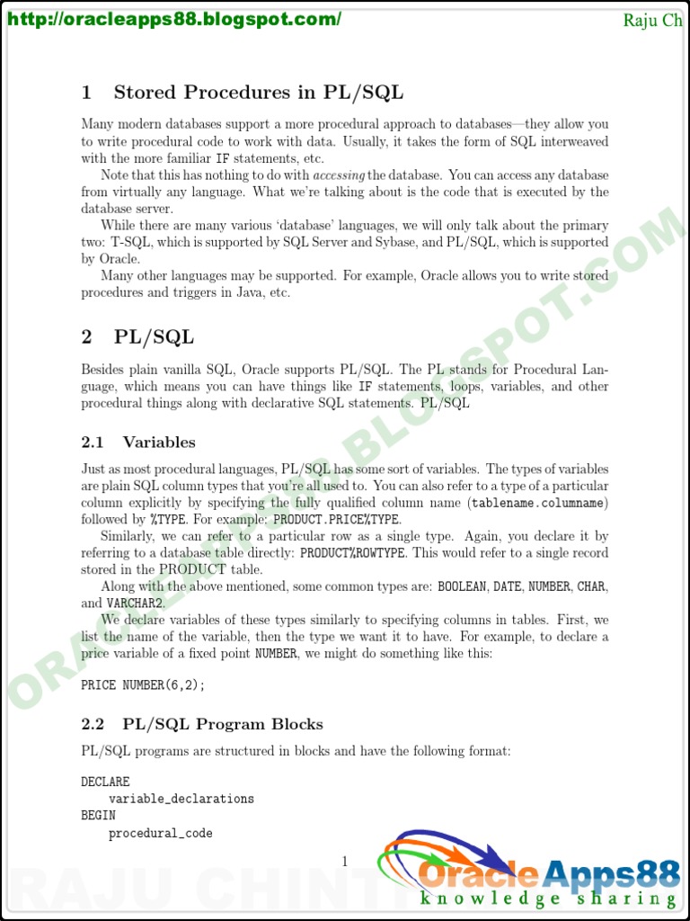 Raju Chinthapatla: 1 Stored Procedures in PL/SQL | PDF | Pl/Sql | Control Flow