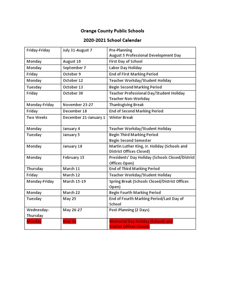 Orange County Schools 2020-2021 Calendar | PDF | Thanksgiving ...
