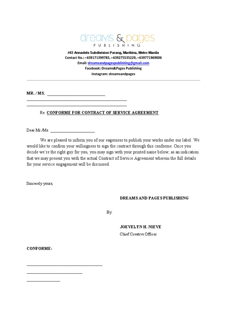 Mr. / MS: Re: Conforme For Contract of Service Agreement | PDF