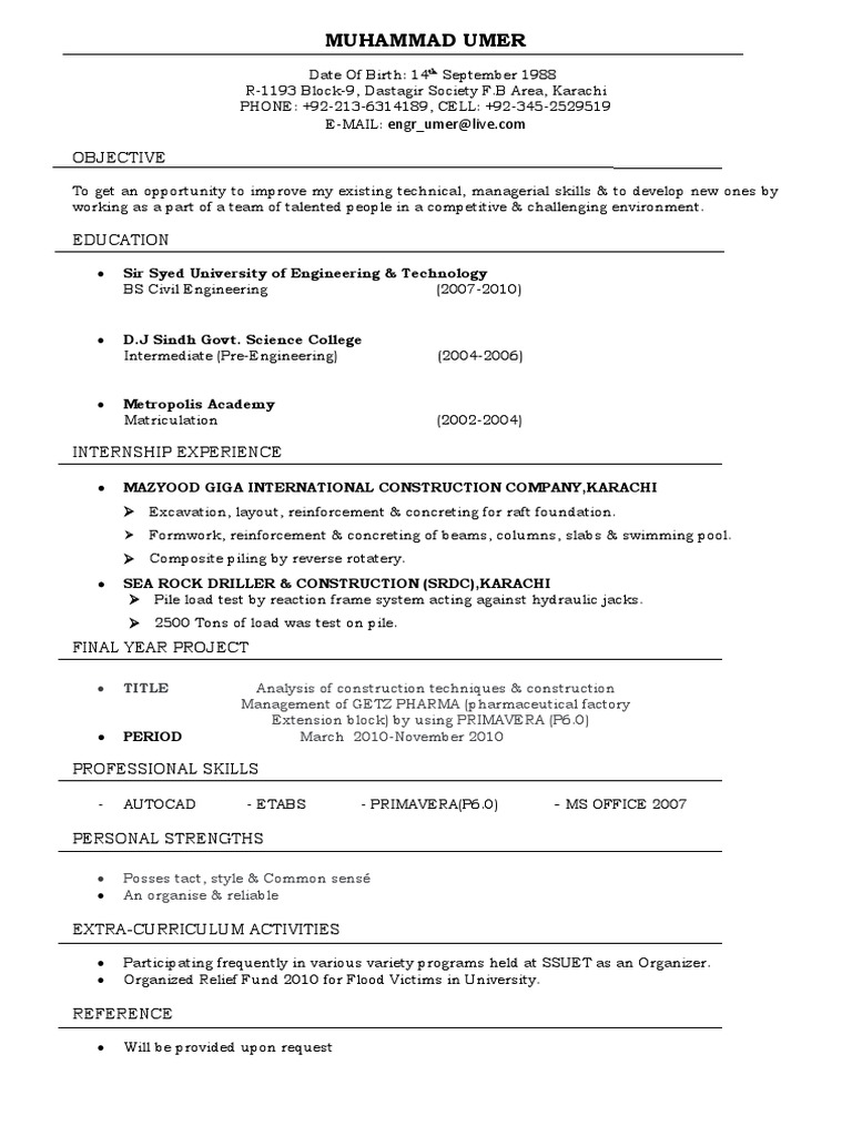 Muhammad Umer - Civil Engineer Resume | PDF | Business | Art