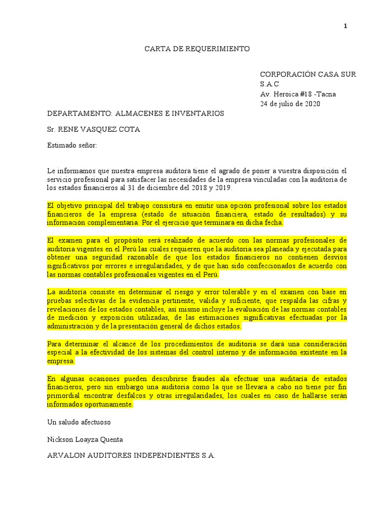 Carta de Requerimiento | PDF | Auditoría | Business