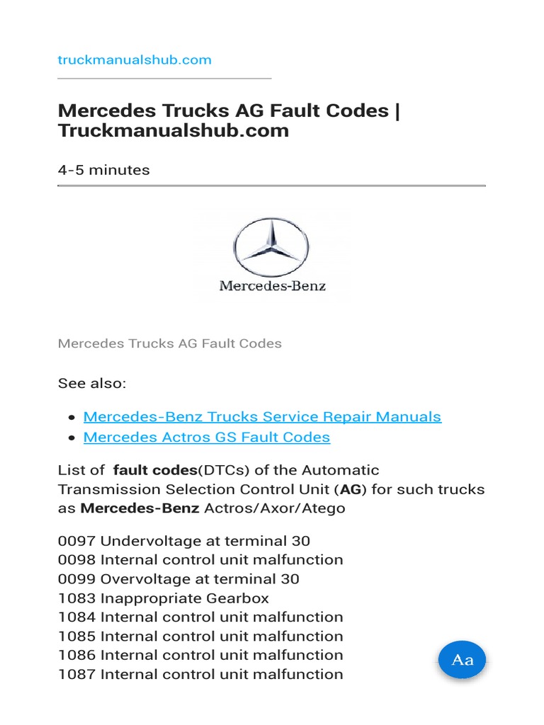 Mercedes Trucks AG Fault Codes Truckmanualshub - Com-1 | PDF ...