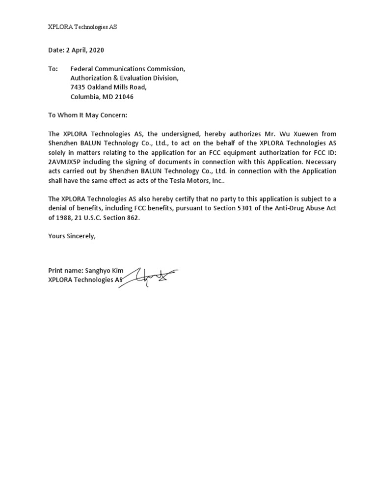 XPLORA Technologies FCC Authorization Letter | PDF