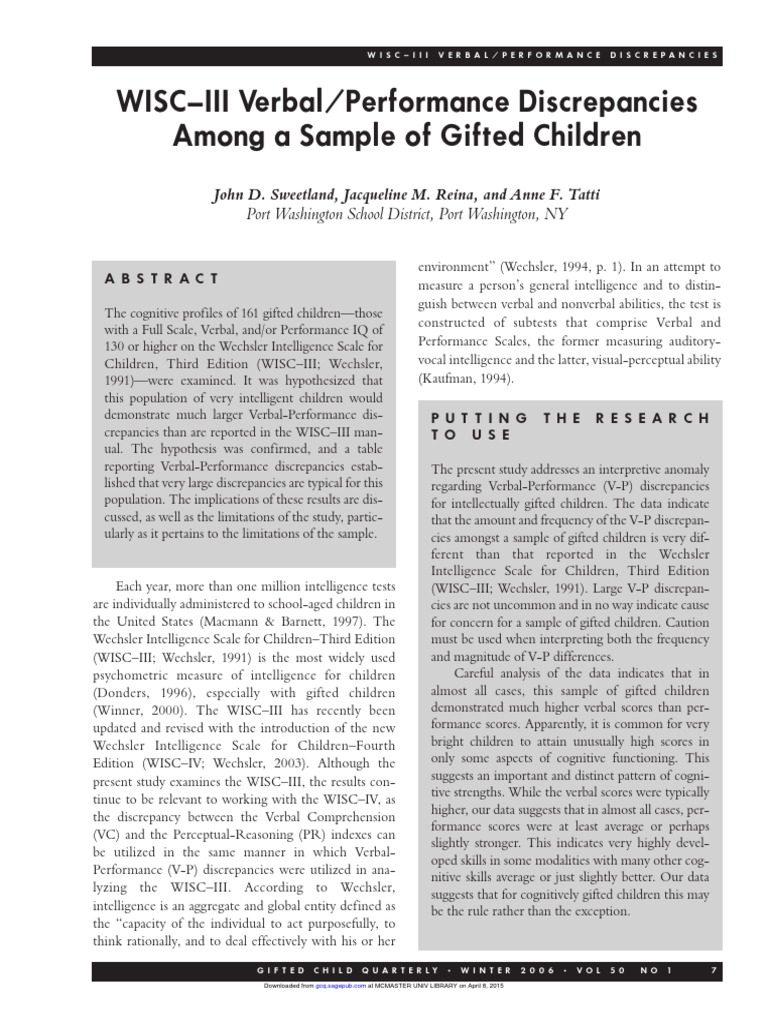 WISC-III Verbal/Performance Discrepancies Among A Sample of Gifted ...
