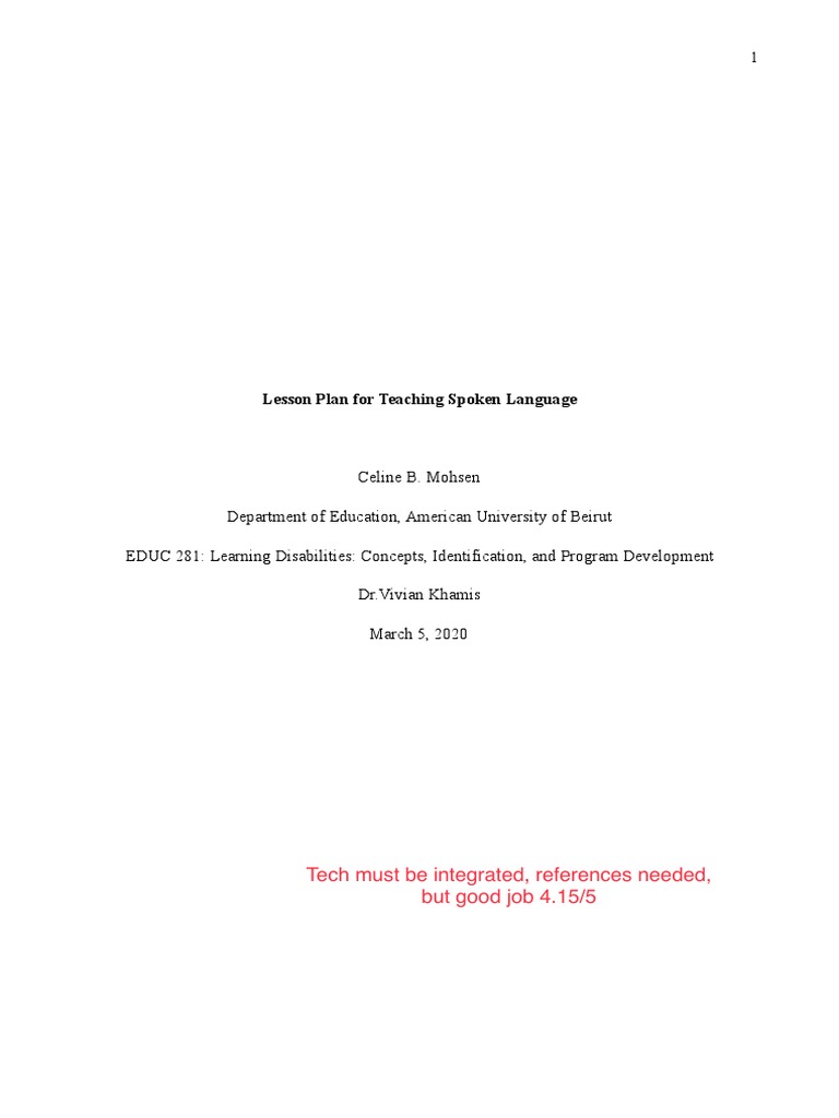 Class 281 - Celine Spoken Language Lesson Plan | PDF | Question | Books