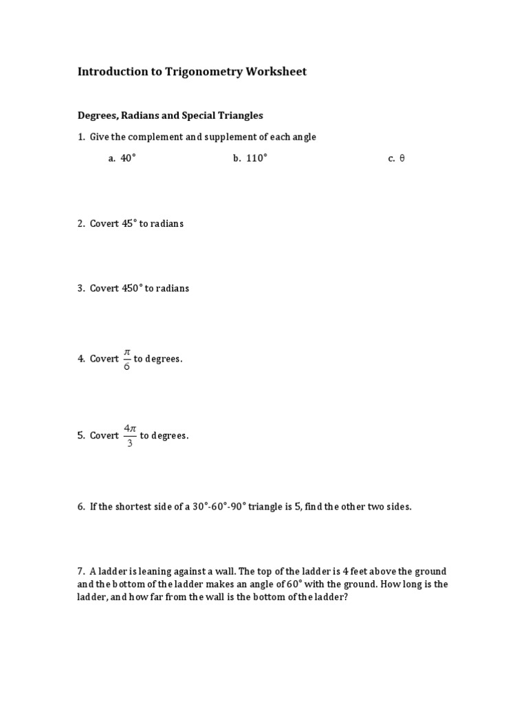 Introduction To Trigonometry Worksheet | PDF | Trigonometric Functions ...