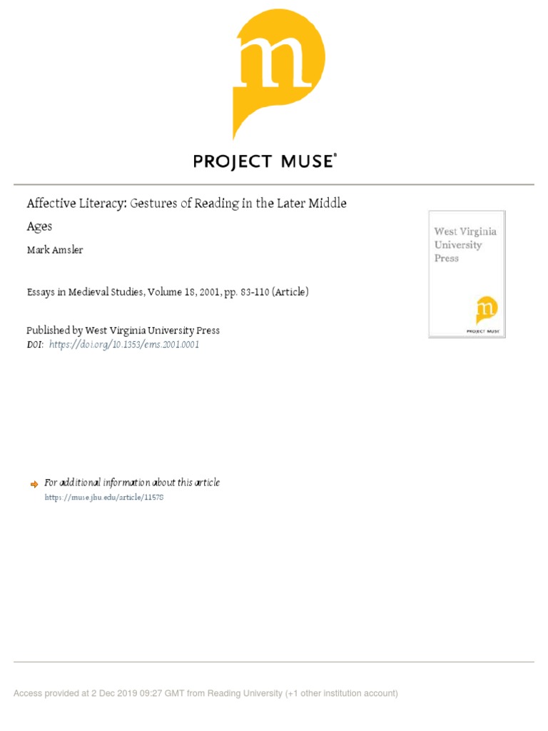AMSLER, Mark. Affective Literacy. Gestures of Reading in The Later ...