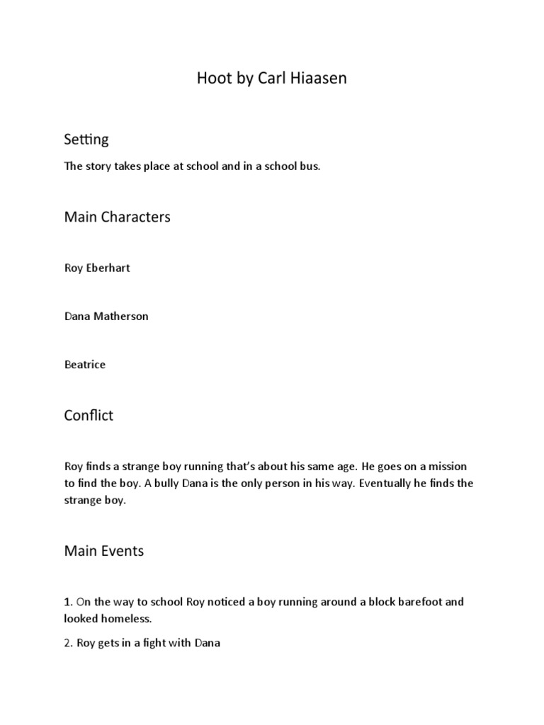 Hoot: Setting and Main Characters | PDF | Mystery, Thriller & Crime Fiction