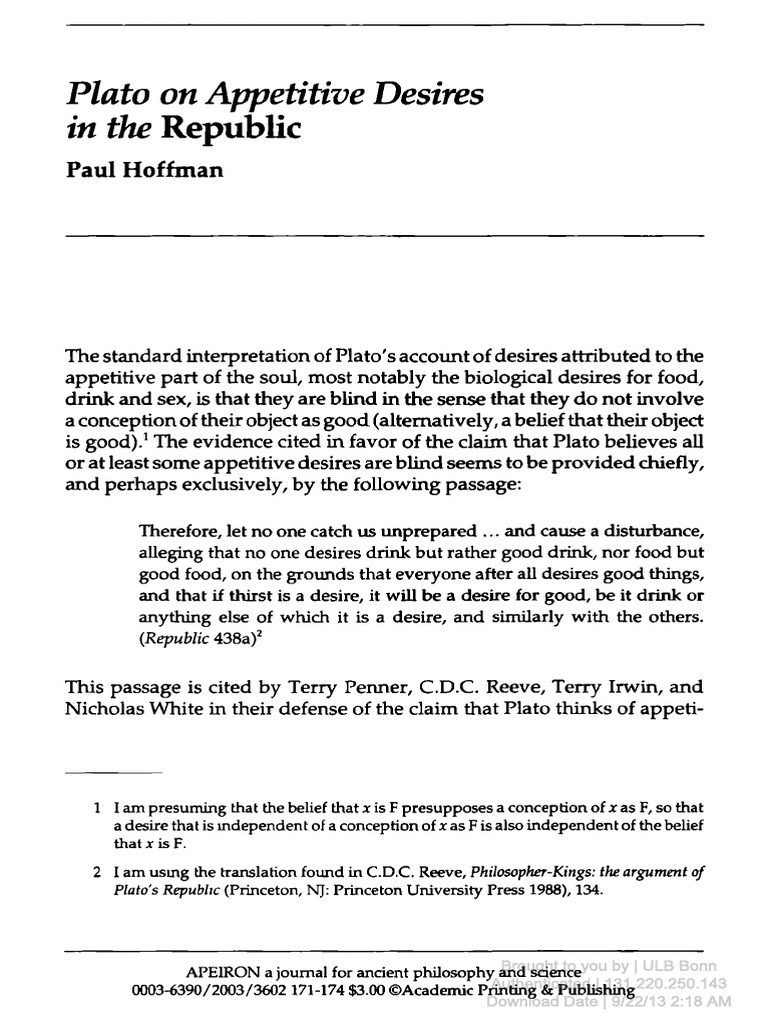 Plato On Appetitive Desires in The Republic | PDF | Plato | Reason