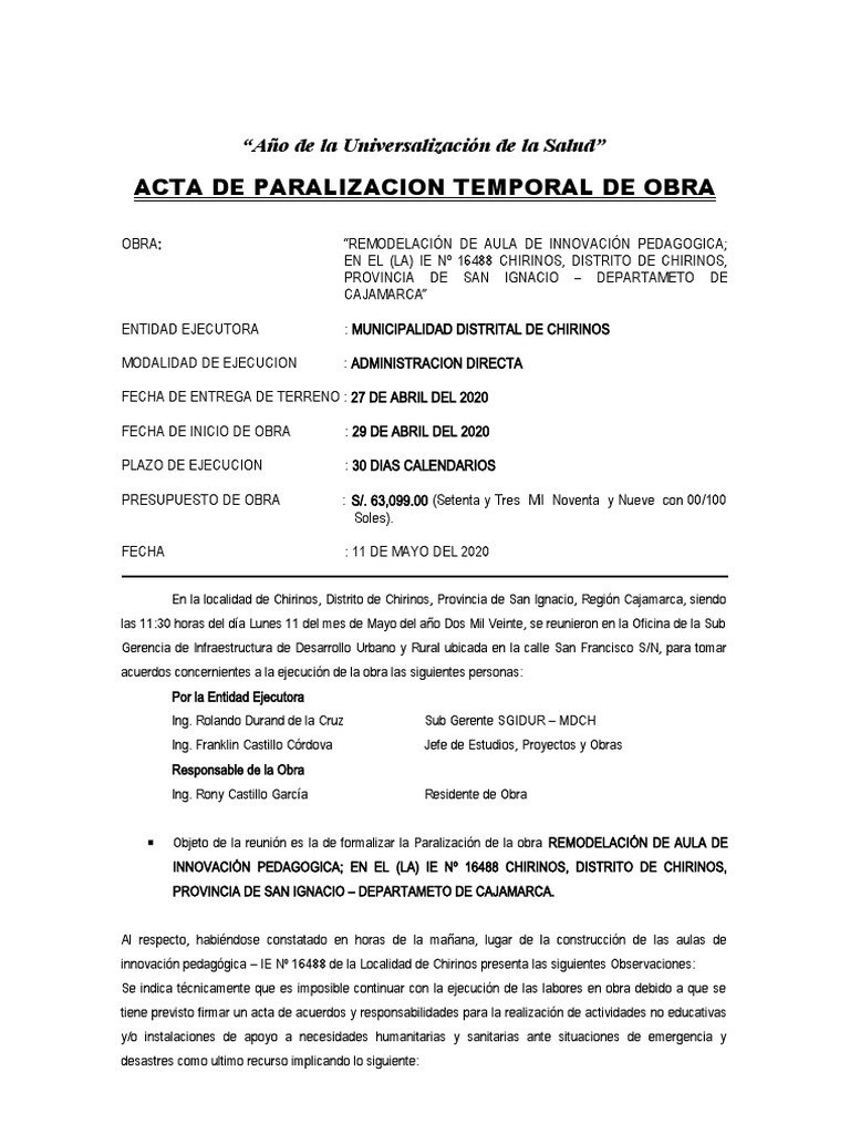 Acta de Paralizacion Temporal de Obra | PDF | Agitación
