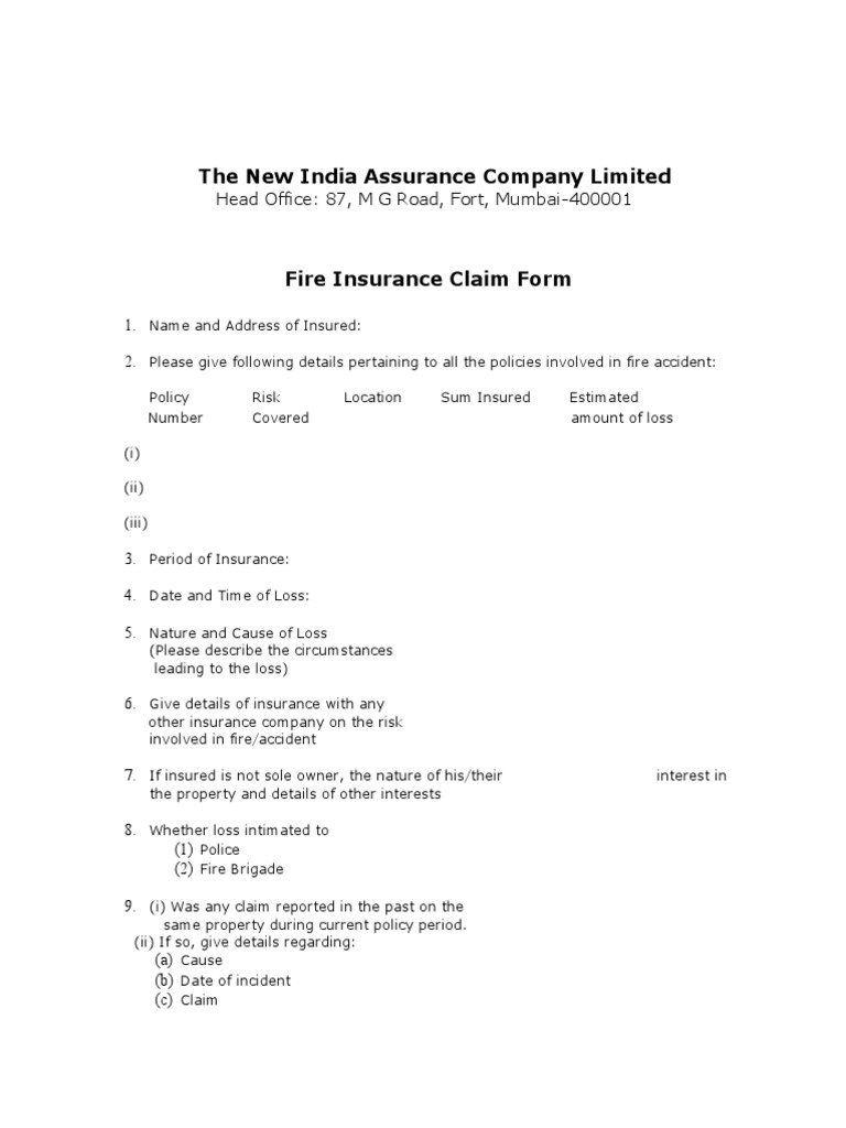 New India Fire Claim Form Template | PDF | Finance & Money Management | Law
