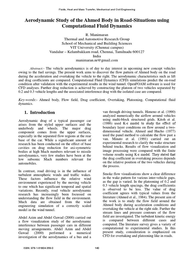 Aerodynamic Study of The Ahmed Body in Road-Situations Using Computational Fluid Dynamics | PDF ...