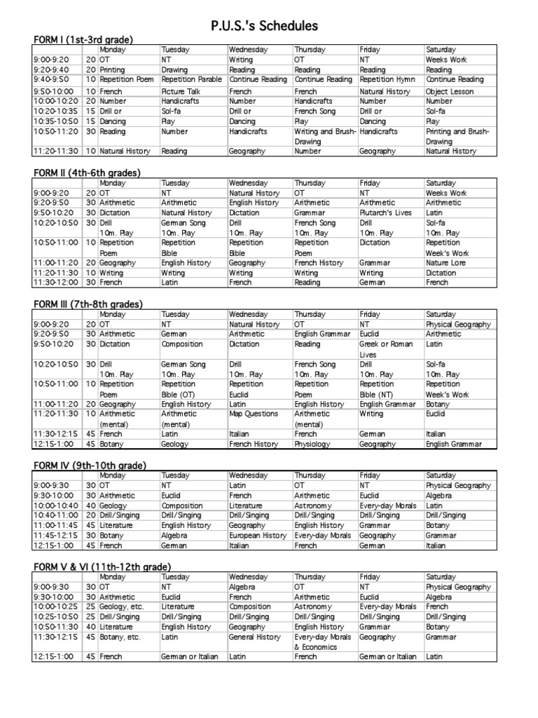 P.U.S.'s Schedules: Daily Class Schedules for Six Forms of Students | PDF