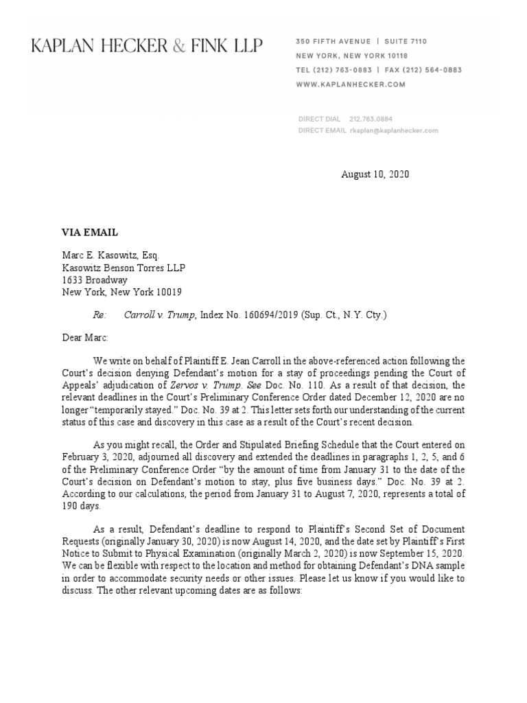 Trump DNA Deadline Letter | Deposition (Law) | Discovery (Law)