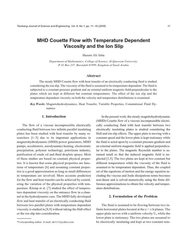 MHD Couette Flow With Temperature Dependent Viscosity and The Ion Slip | PDF ...
