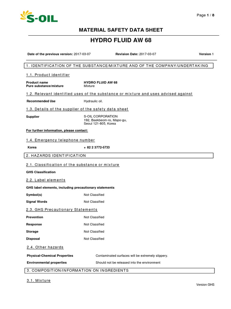 Hydro Fluid Aw 68: Material Safety Data Sheet | PDF | Toxicity | Waste