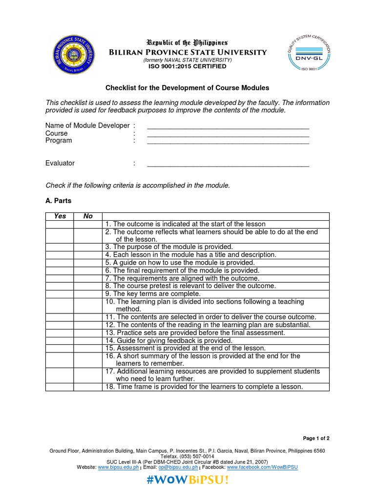 Checklist For Course Modules Devt - With BiPSU Logo | PDF ...