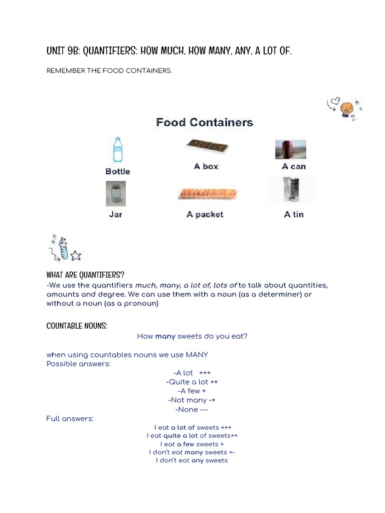 Unit 9B - Quantifiers - How Much, How Many, Any, A Lot of | PDF | Noun | Morphology