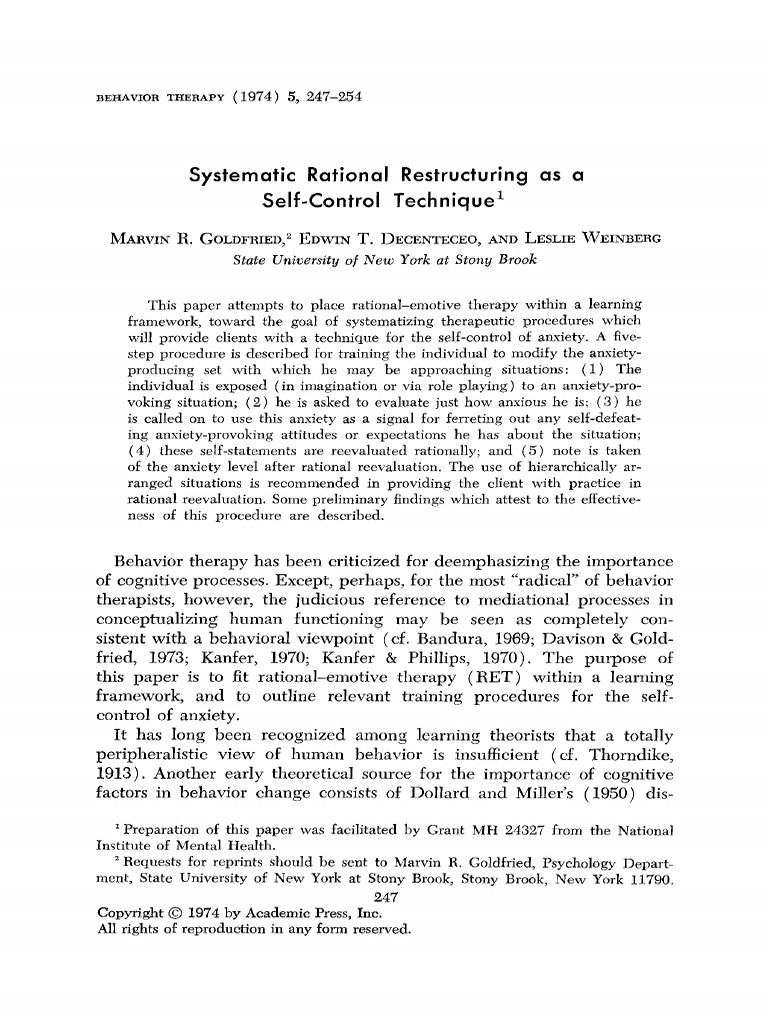 Systematic Rational Restructuring As A Self-Control Technique 1 | PDF ...