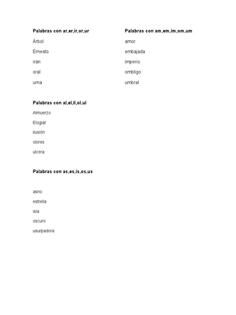 Palabras Con Ar, Am, Al, As | PDF