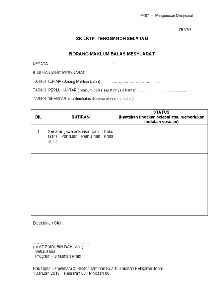 Borang PK 07 5 BORANG MAKLUM BALAS Pemulihan Khas 1 | PDF