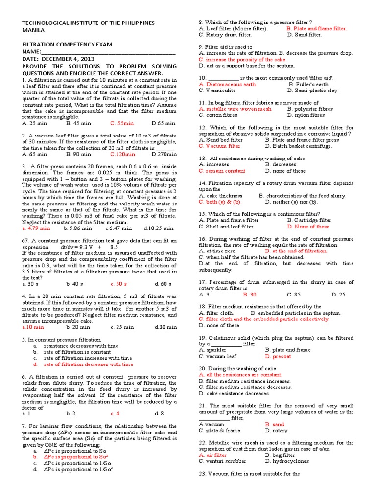Filtration Competency Exam 20132 For Students No Answer | PDF ...