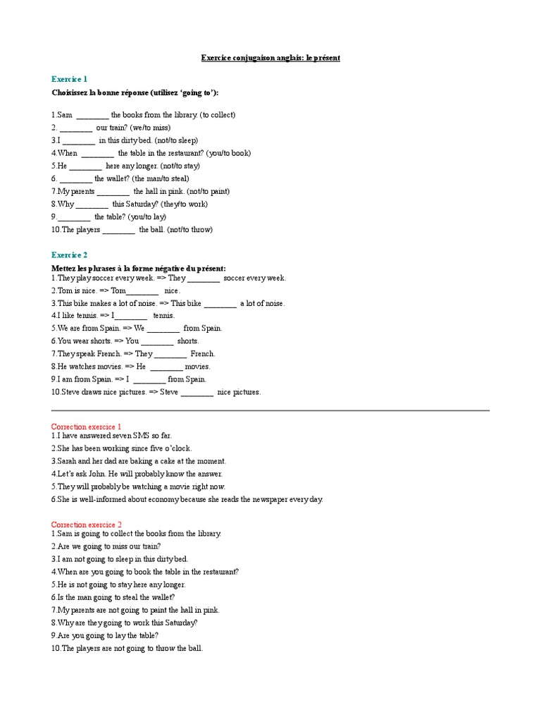 Exercice 1: Exercice Conjugaison Anglais: Le Présent | PDF