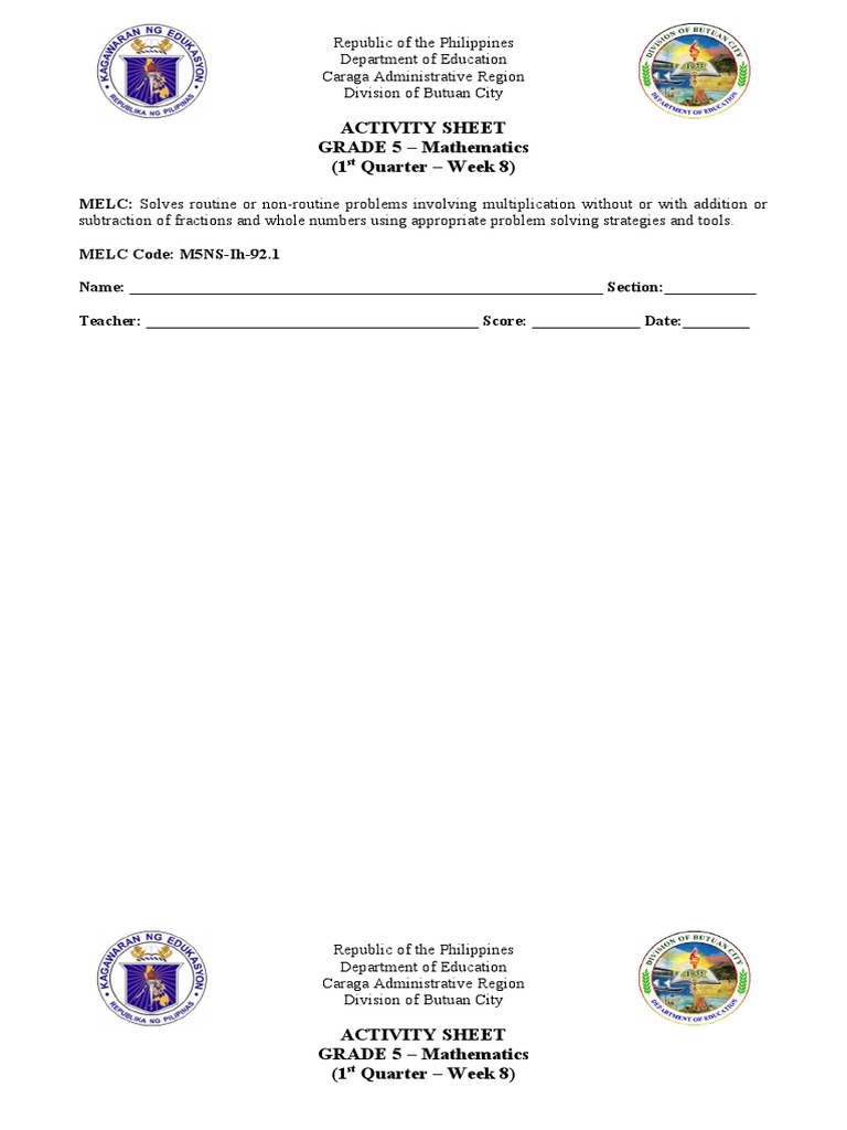 Activity Sheet Grade 5 Quarter 1 Week 8 | PDF | Fraction (Mathematics ...