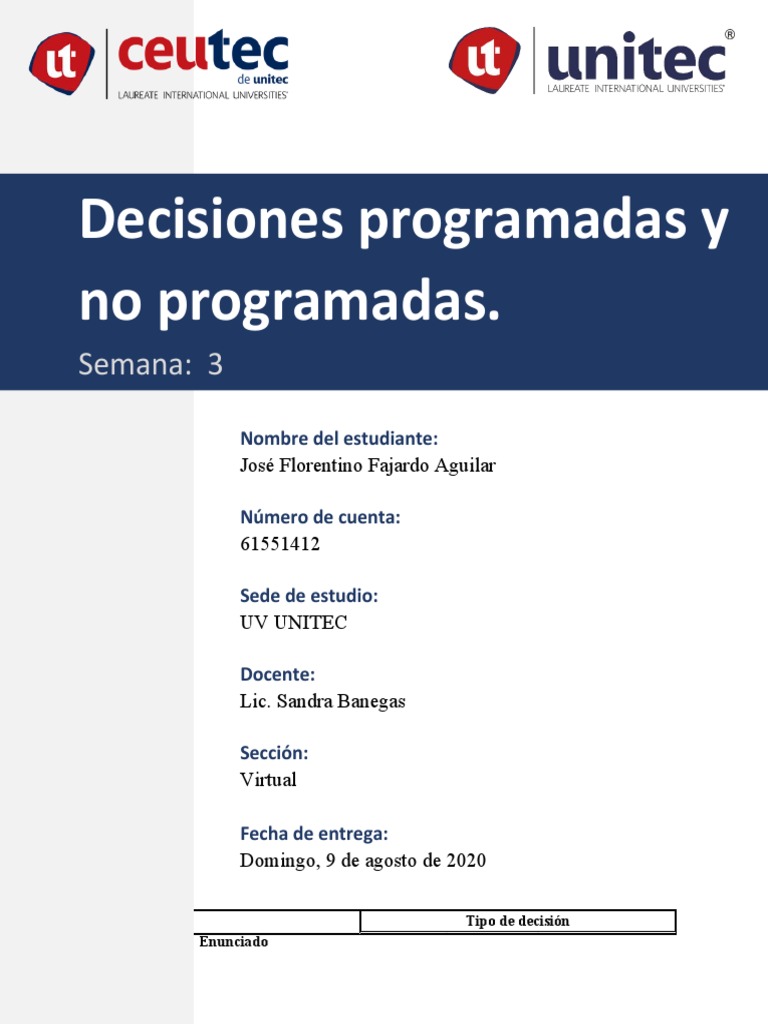 Tarea 3.1 - Decisiones Programadas y No Programadas | PDF | Business | Science