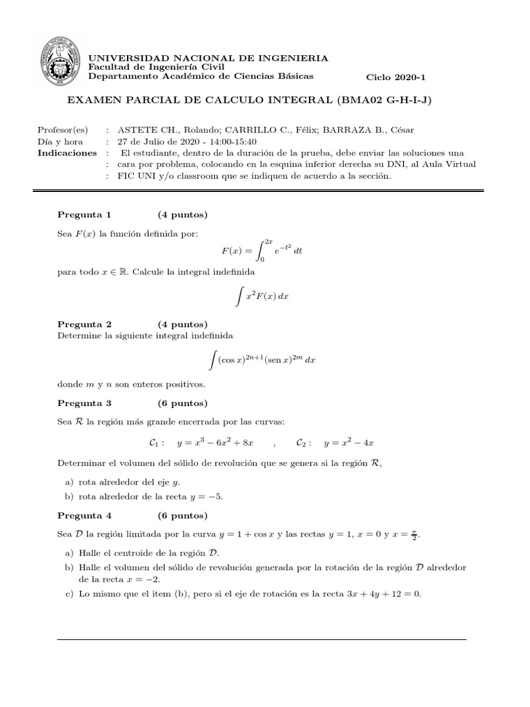 Examen Parcial de Cálculo Integral | PDF