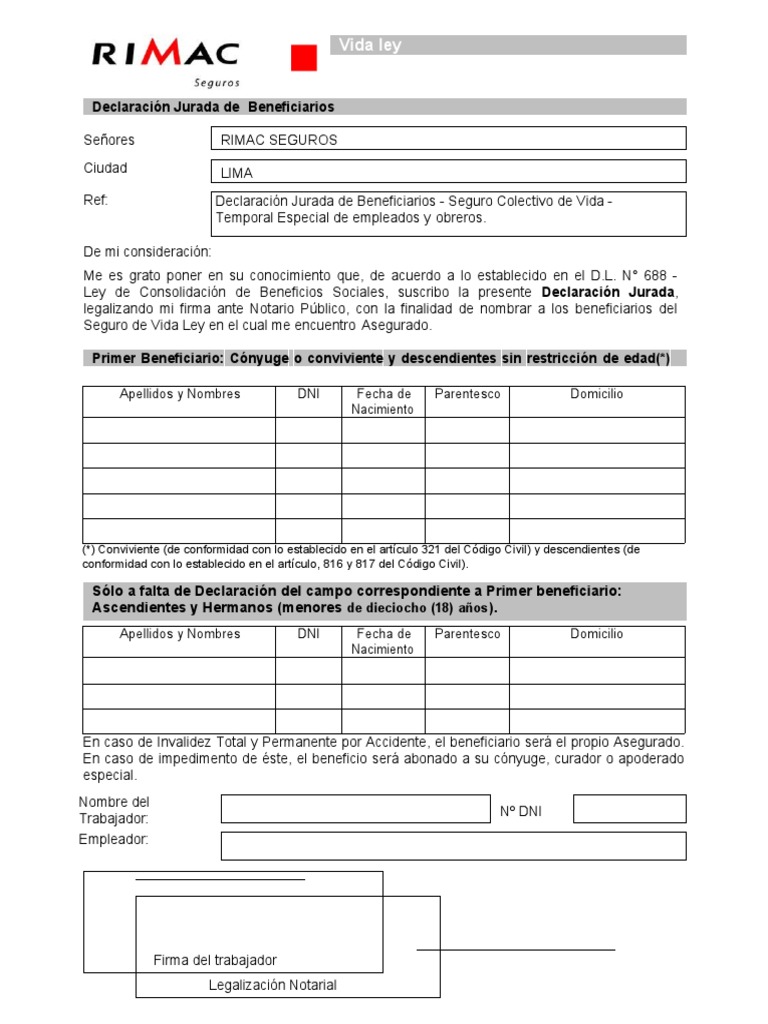 Rimac Formato - Declaración - Beneficiarios | PDF