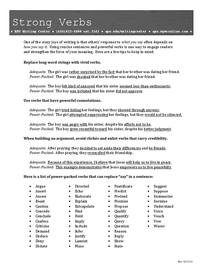 Strong Verbs Strong Verbs: Replace Long Word Strings With Vivid Verbs ...