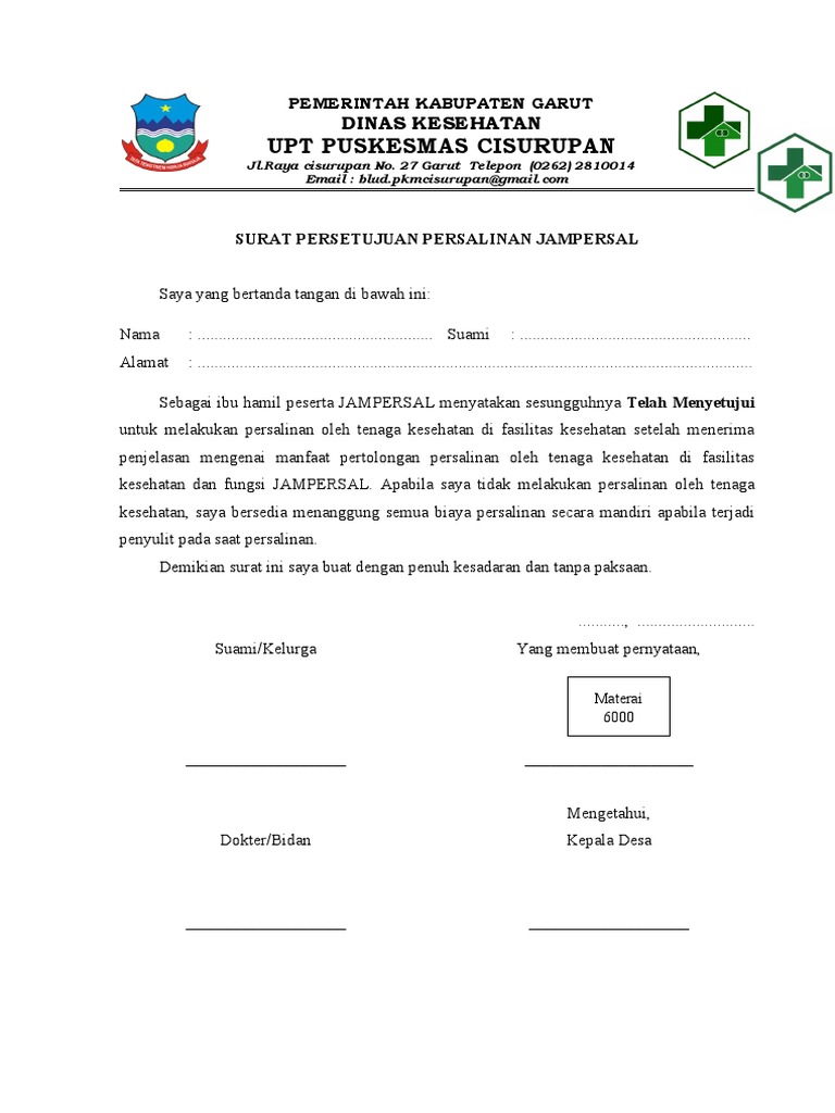 Surat Persetujuan Persalinan Jampersal | PDF
