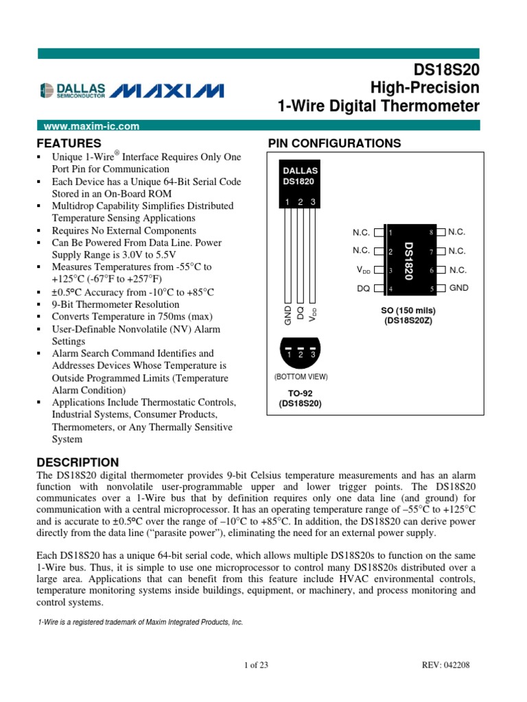 1-Wire Digital Thermometer DS18S20 | PDF