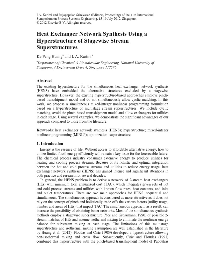 Huang2012, Heat Exchanger Network Synthesis Using A Hyperstructure of Stagewise Stream ...
