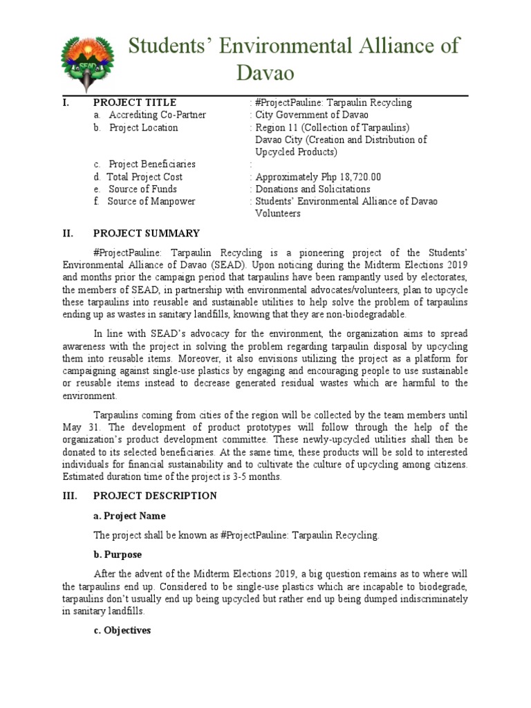Students' Environmental Alliance of Davao: I. Project Title | PDF ...