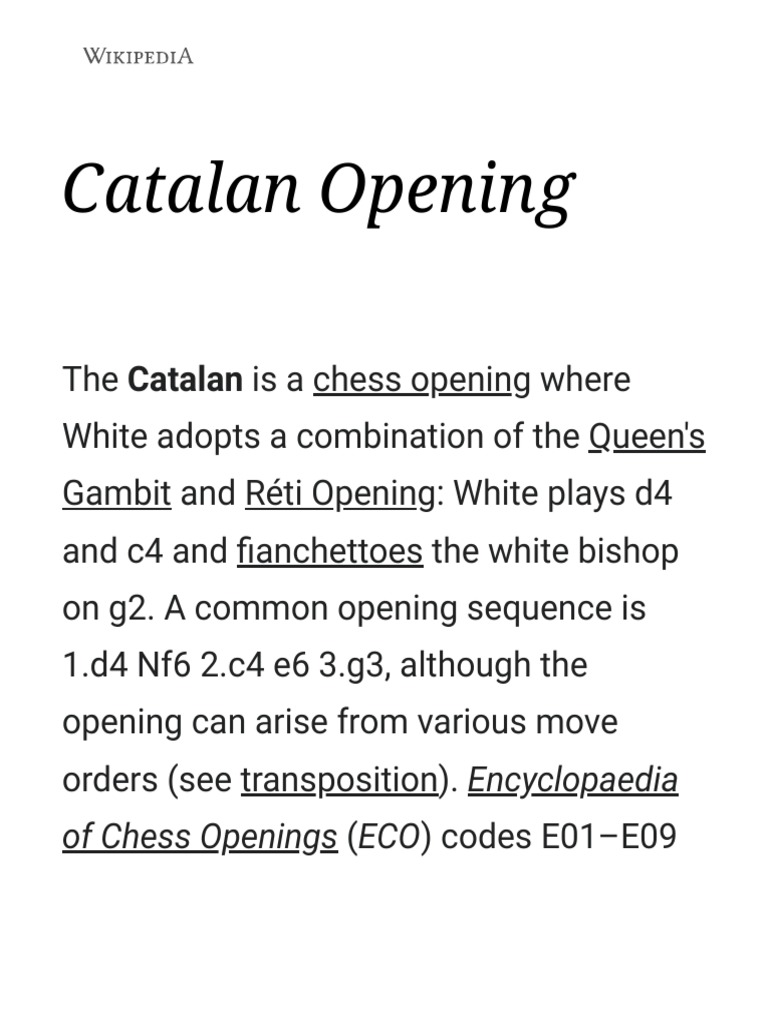 Catalan Opening: of Chess Openings (ECO) Codes E01-E09 | PDF | Chess ...