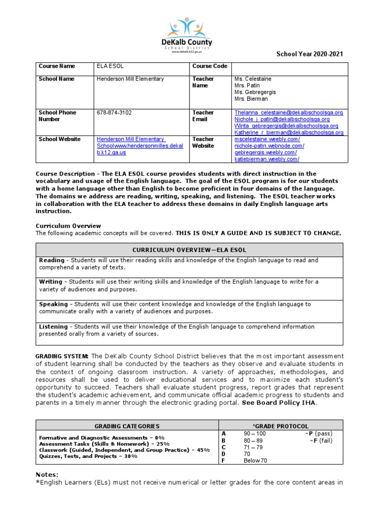 k-5 Syllabus - Hmes Esol 1 | PDF | English As A Second Or Foreign ...