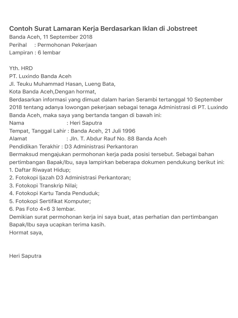 Contoh Surat Lamaran Kerja Berdasarkan Iklan Di Jobstreet PDF | PDF
