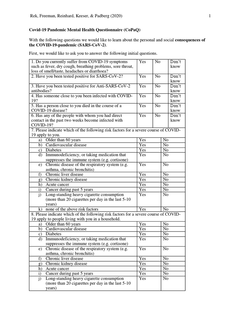 Covid-19 Pandemic Mental Health Questionnaire (Copaq) | PDF | Chronic Condition | Panic Attack