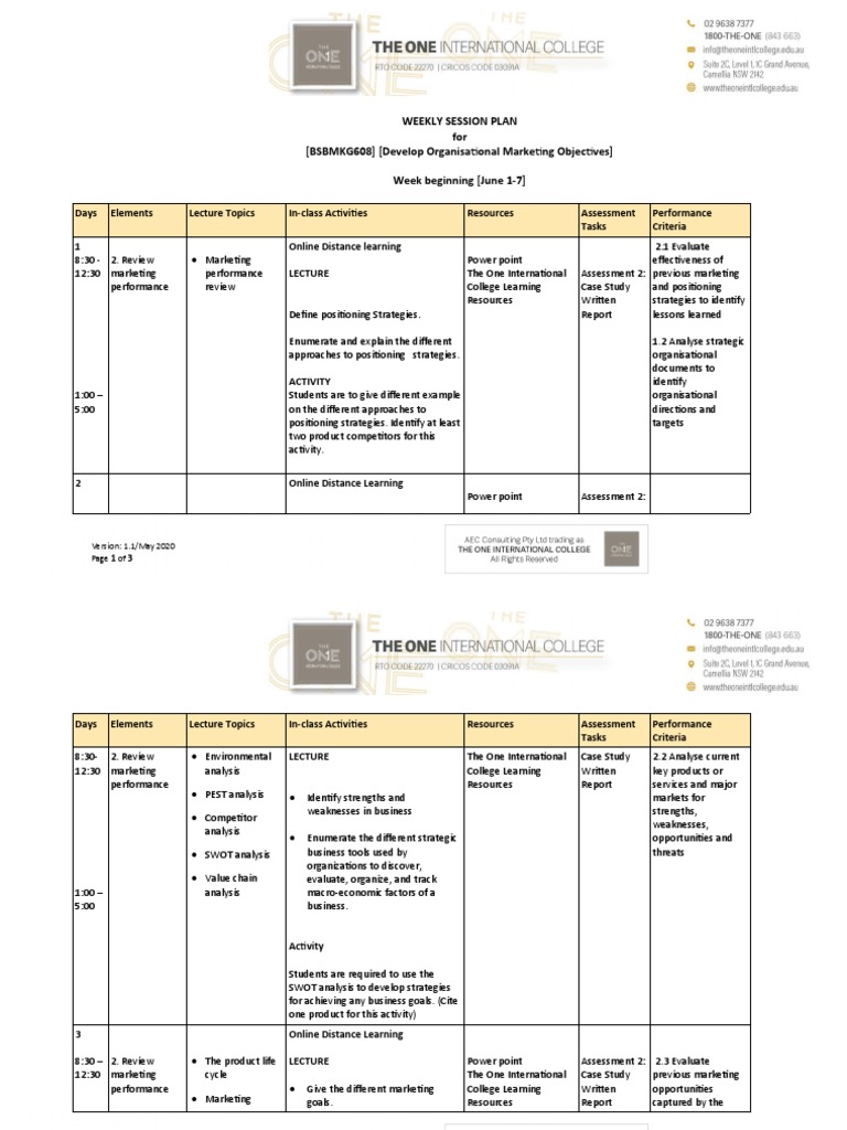 Weekly Session Plan For (BSBMKG608) (Develop Organisational Marketing ...