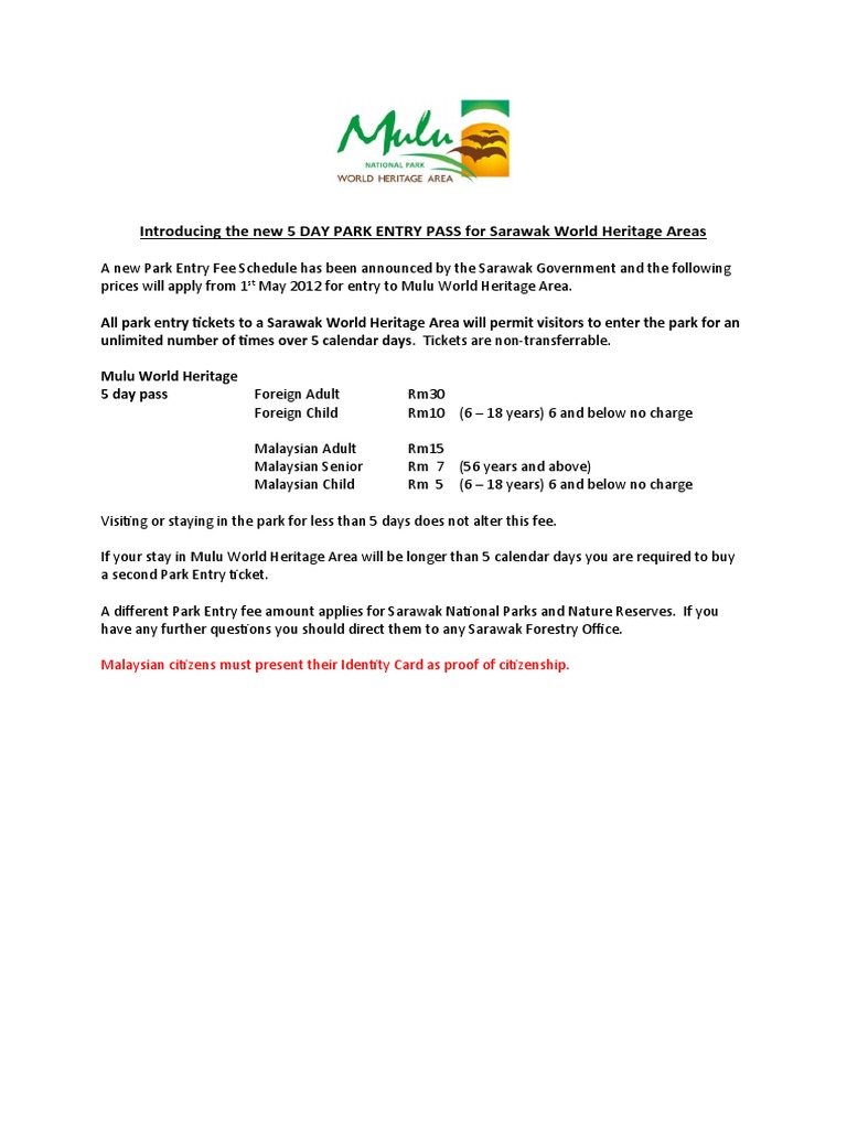 Sarawak 5-Day Park Entry Pass Details | PDF