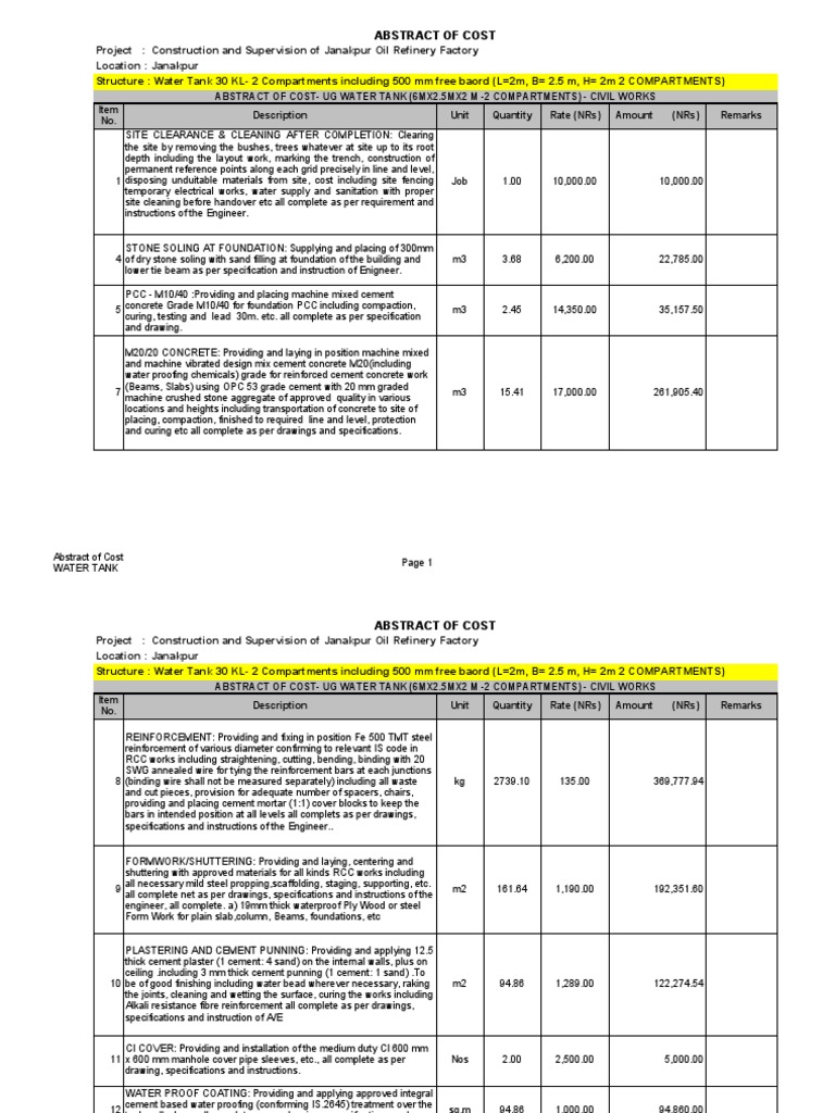 ESTIMATE Water Tank - 30 KL | PDF | Concrete | Foundation (Engineering)