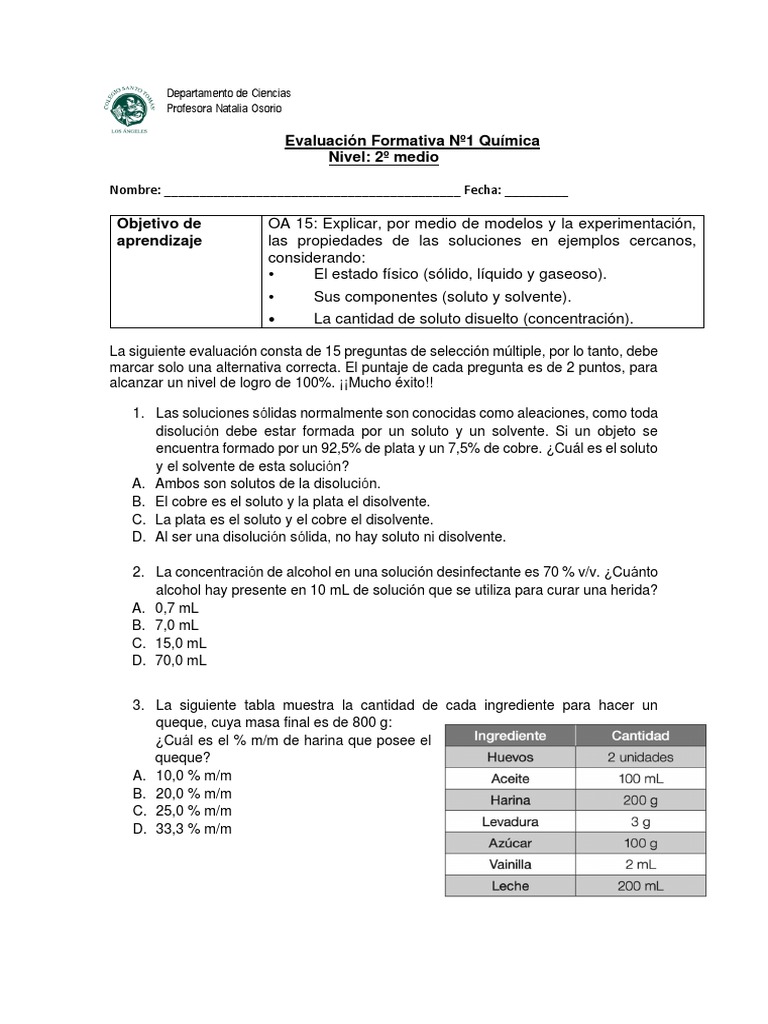 Ev Formativa 2 Medio Quimica | Descargar gratis PDF | Solución | Mezcla