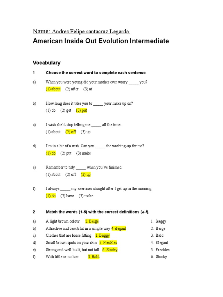 American Inside Out Evolution Intermediate - Doc Resuelto | PDF | Clothing