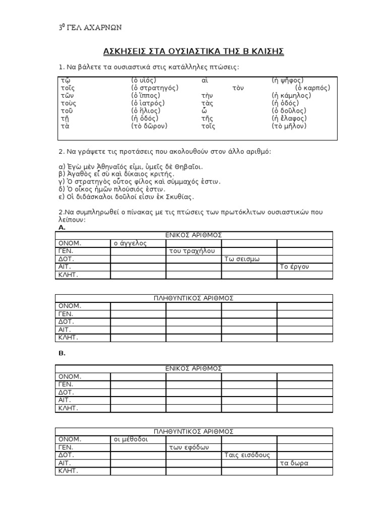 Β ΚΛΙΣΗ ΟΥΣΙΑΣΤΙΚΩΝ | PDF