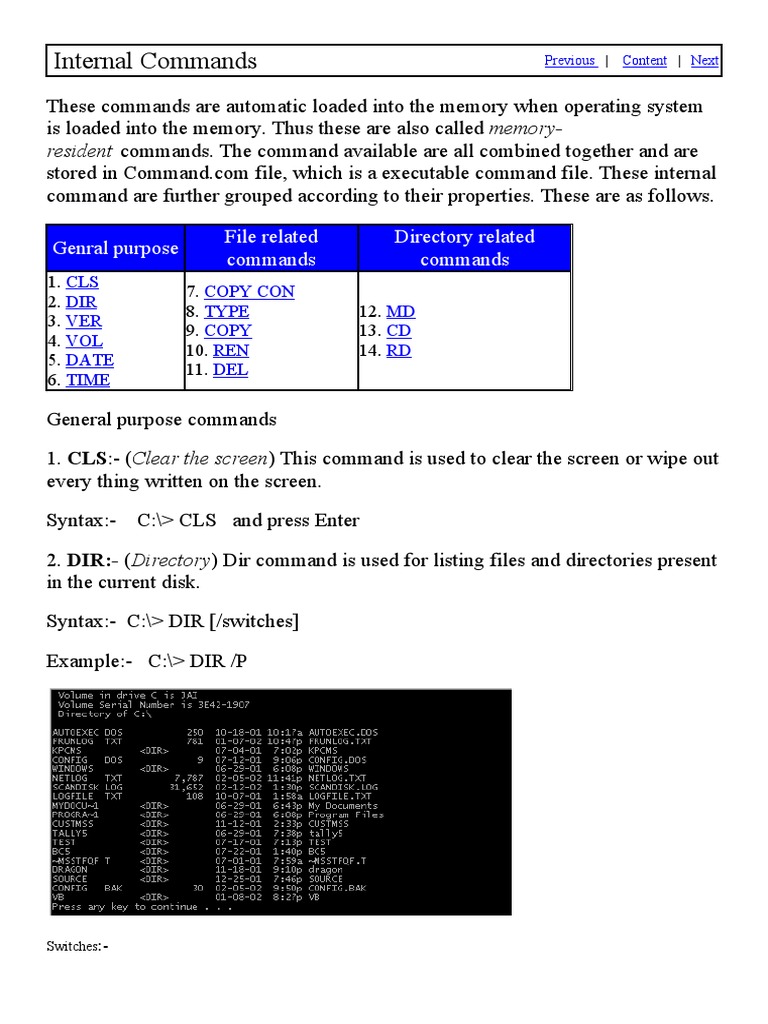 Internal Commands: Resident Commands. The Command Available Are All ...